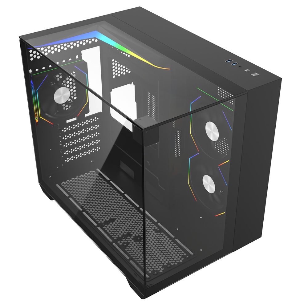 CiT Eclipse Black Micro-ATX Gaming Case With Three-Sided Tempered Glass and LED Strip With 3 x ...